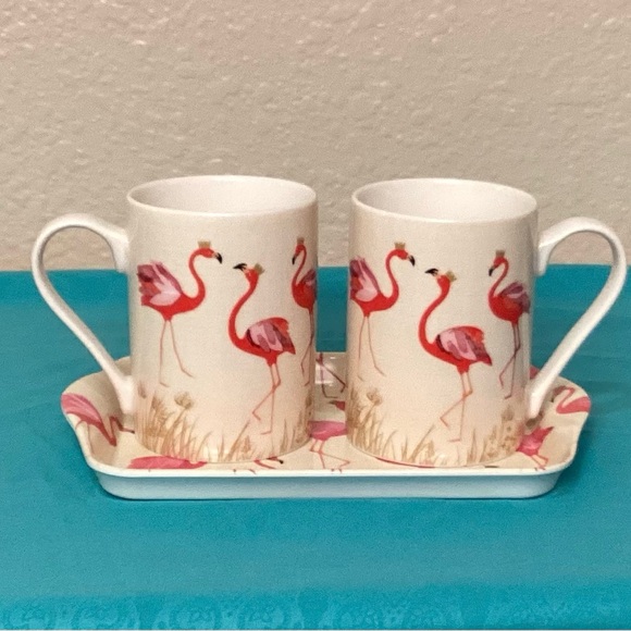 Dining | Fine Porcelain Flamingo Mugs With Melamine Tray Set | Poshmark